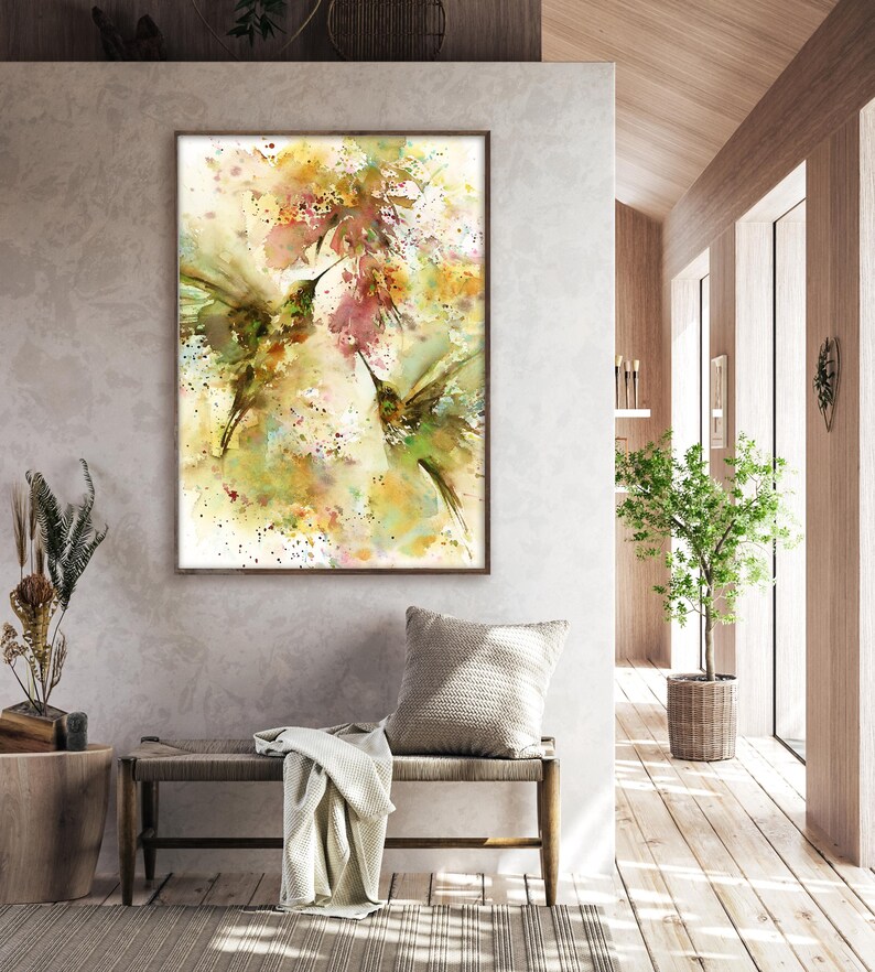 Colibríes en tonos verdes y rosas: lámina artística para decoración de ...