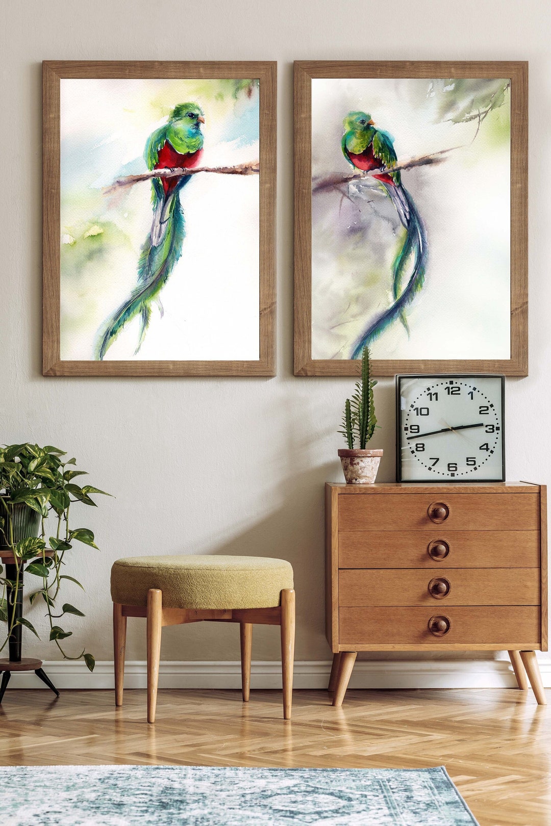 Quetzal Birds 2 Art Prints Set, Green Red Bird Watercolor Prints ...
