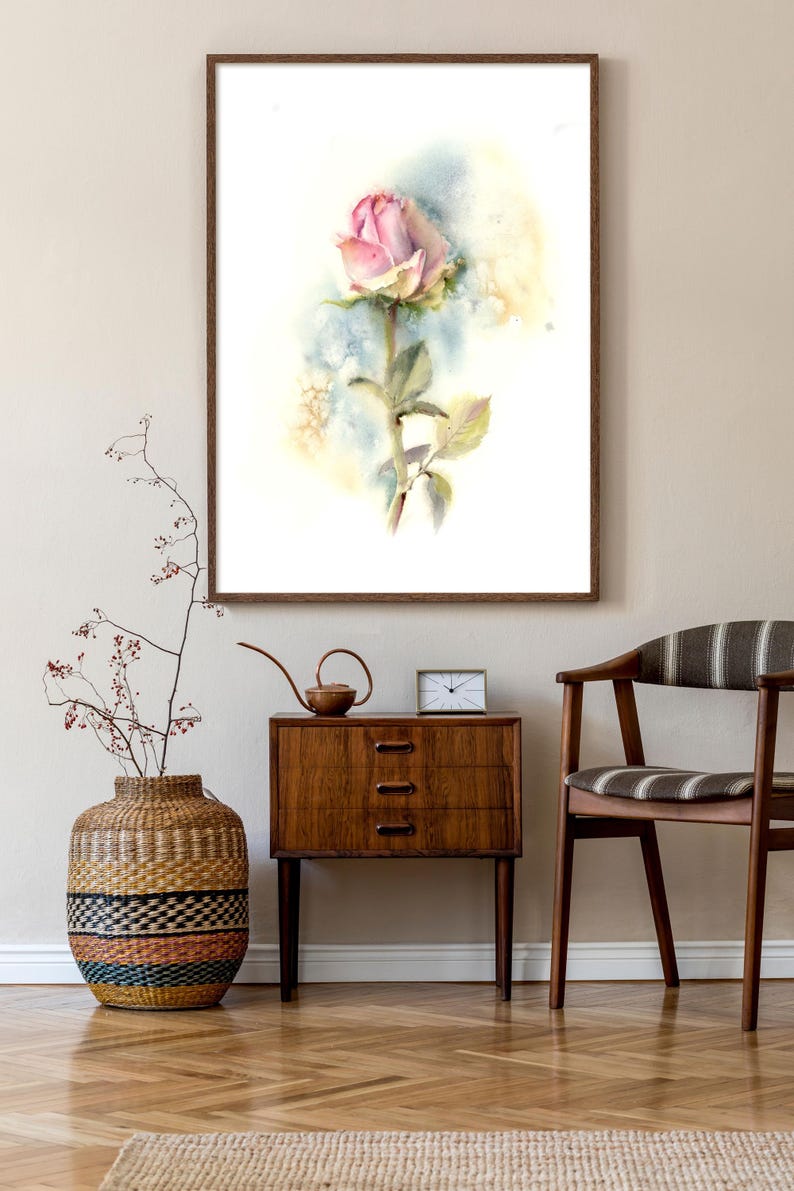 Pink Rose Fine Art Print, Pastel Colors Single Rose Watercolor ...