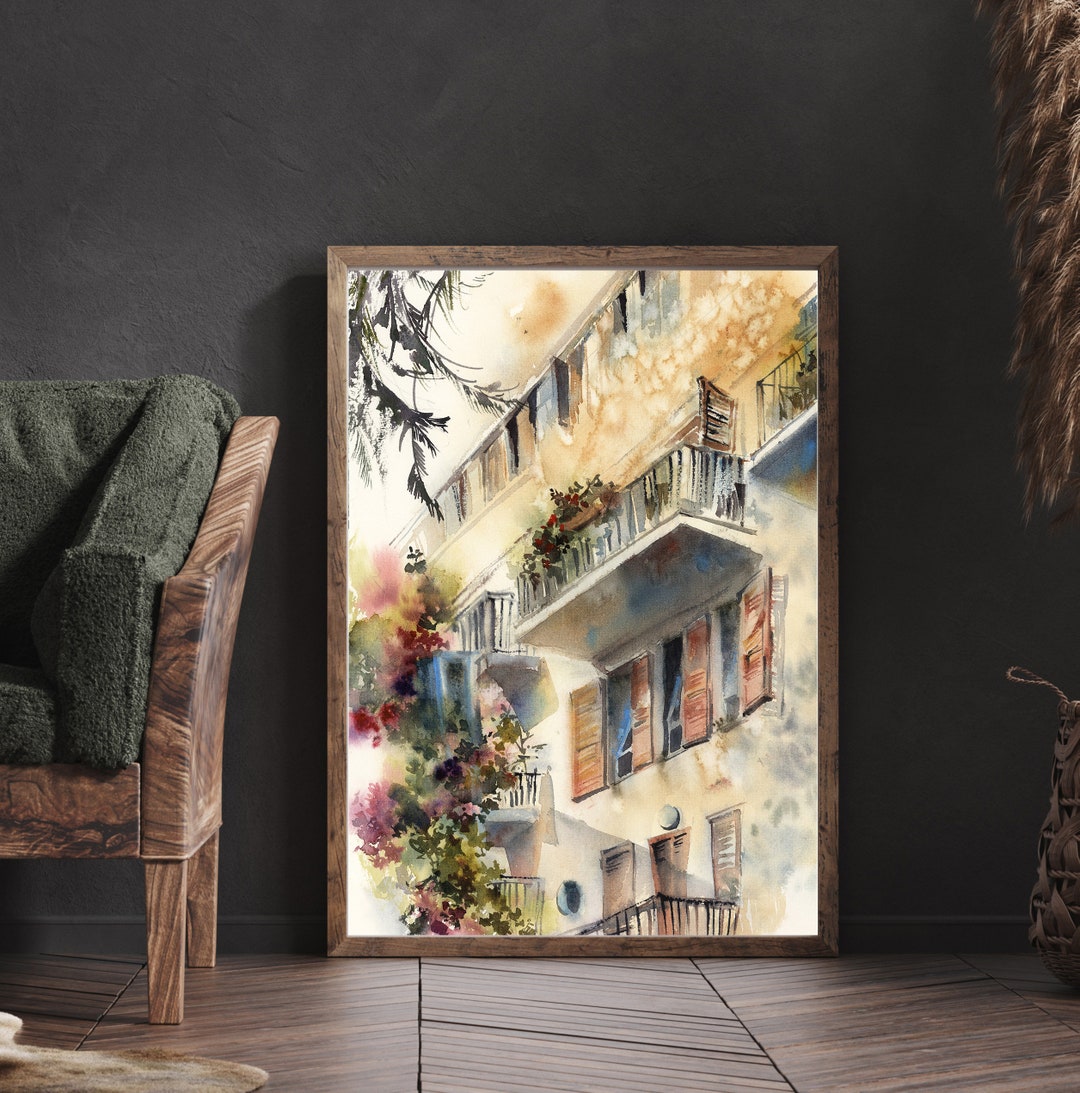 Balcony Art Print, Mediterranean House Balcony, Architecture Painting ...