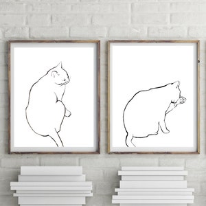 Cat line drawing 2 Art Prints Set Wall Gallery Set of 2 Fine | Etsy