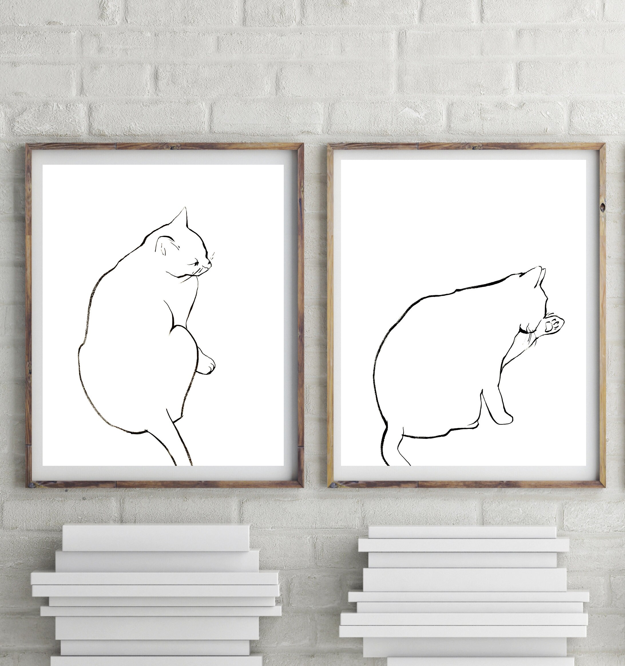 Cat line drawing 2 Art Prints Set Wall Gallery Set of 2 Fine | Etsy