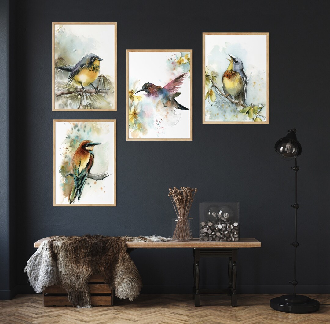 Bird Art Prints Set 4 Pieces Gallery Wall, Bird Watercolor Paintings ...