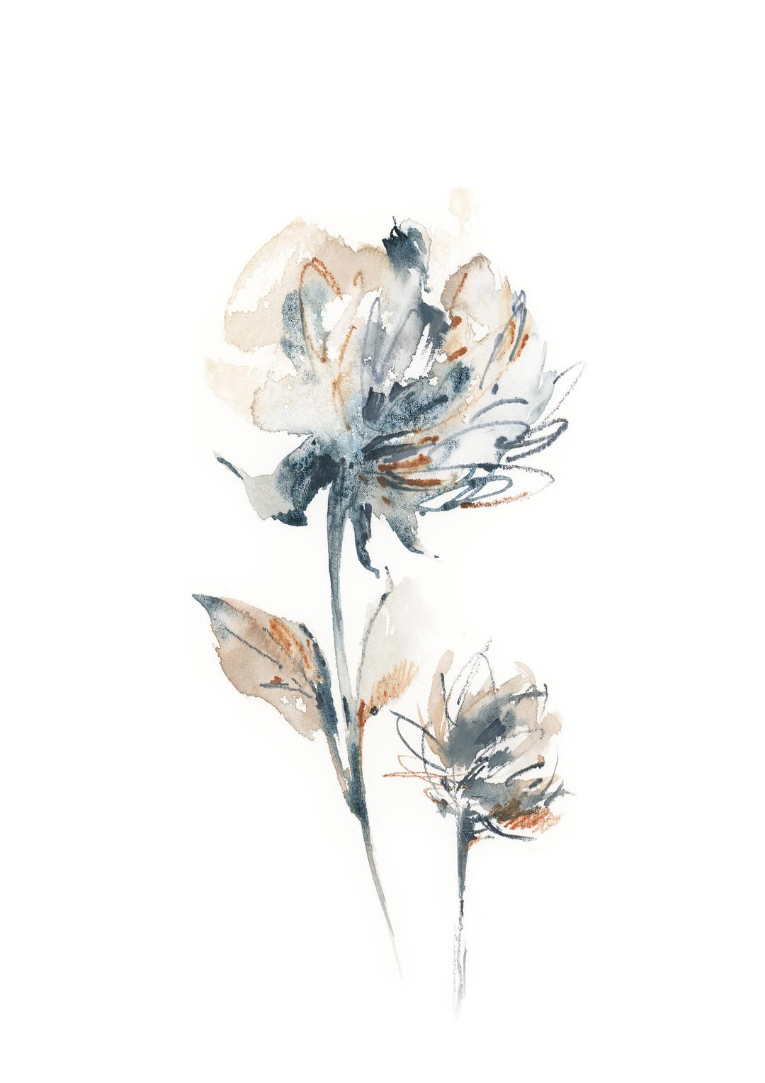Flower Fine Art Print, Grey Blue Muted Neutral Floral Painting ...