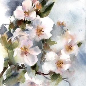 Almond Blossoms Painting Art Print, Blooming Tree Floral Watercolor Art ...