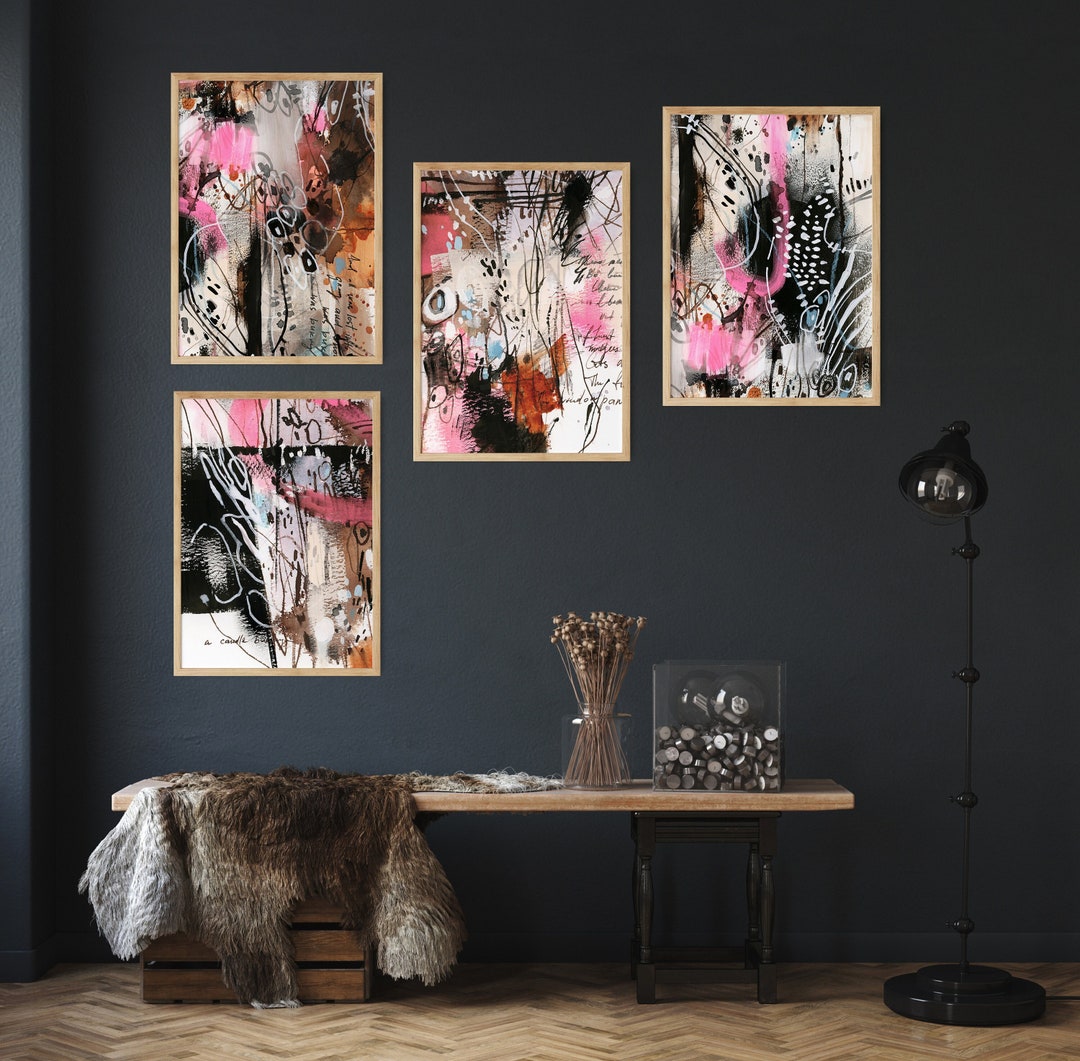 Gallery Wall Set of 4 Prints, Bright Abstract Art, Preppy Pink Wall Art ...