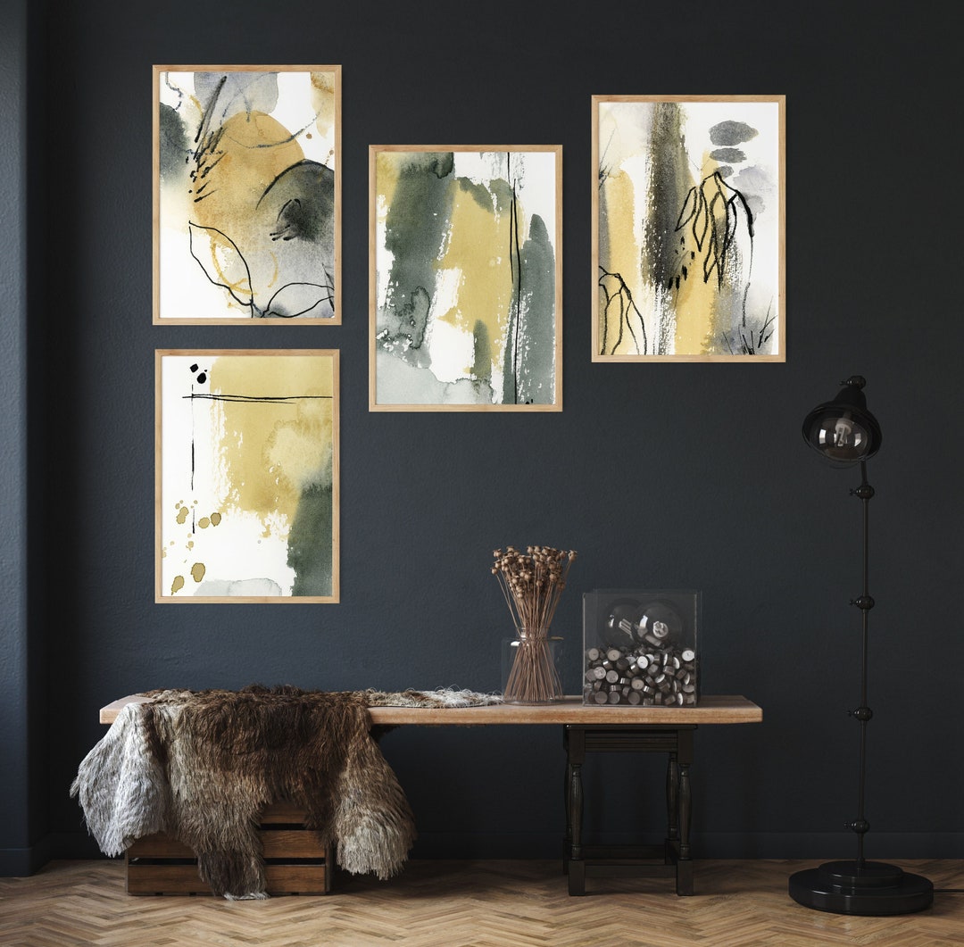 Abstract Gallery Wall Prints Set, 4 Fine Art Prints Mustard Yellow ...