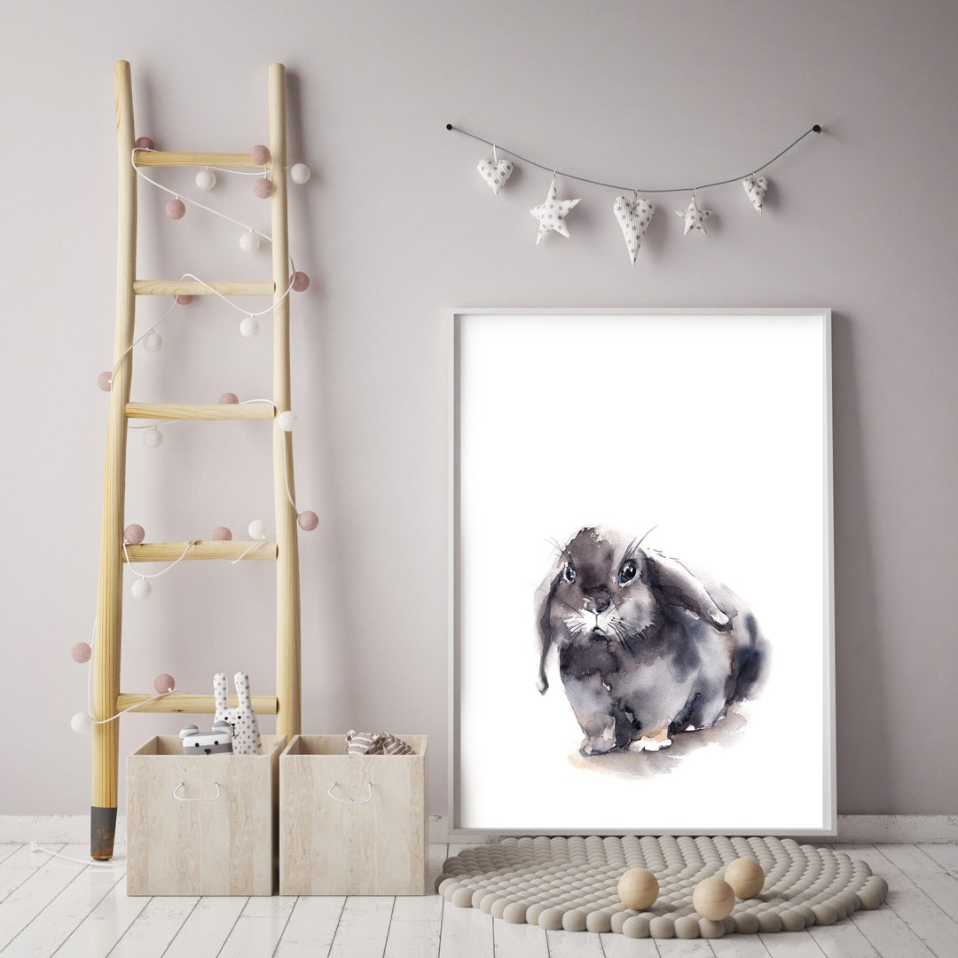 Little Bunny Art Print, Grey Bunny Watercolor Painting Art, Bunny Wall ...