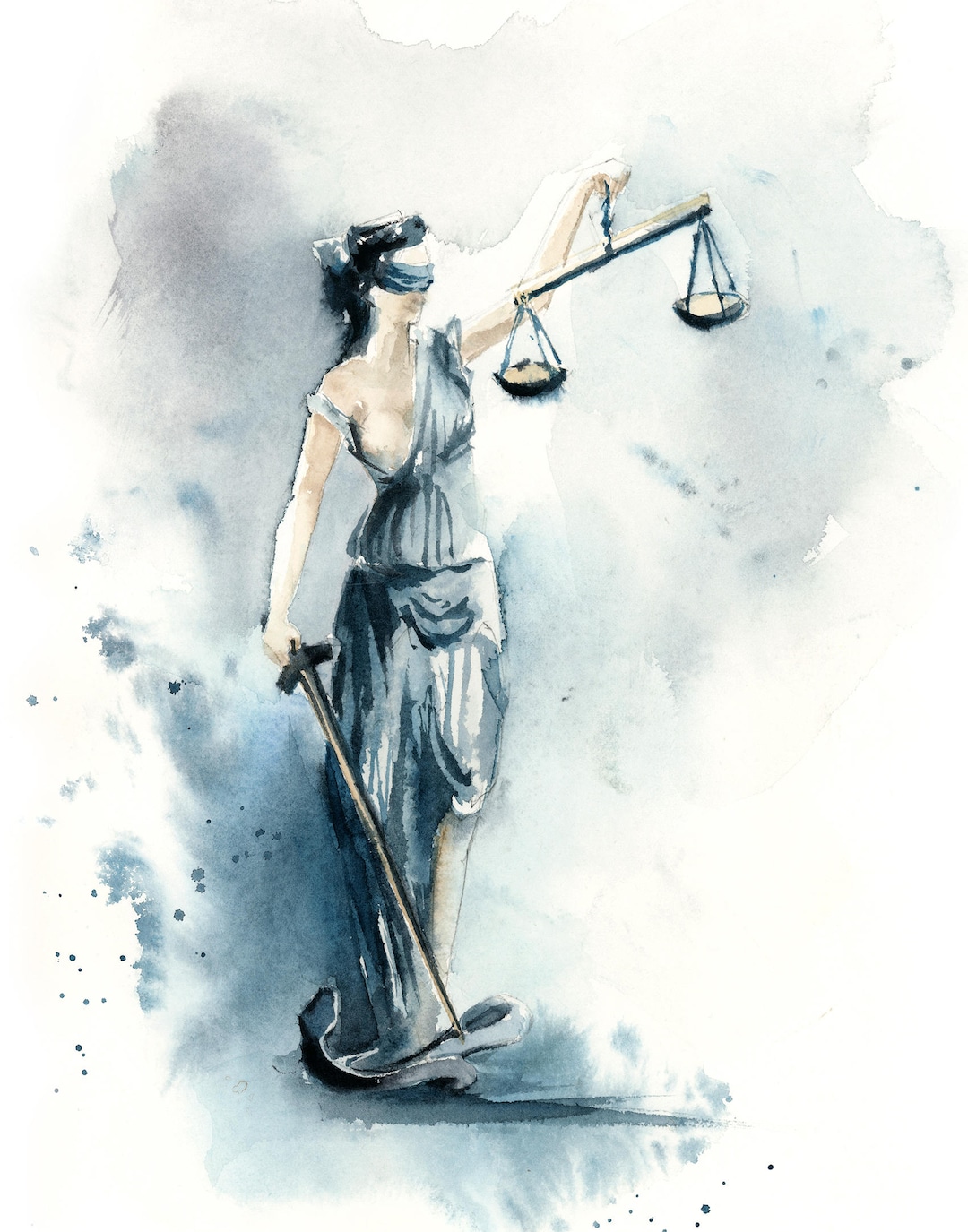 Lady Justice Art Print, Blue Watercolor Painting Art, Lawyer Office ...
