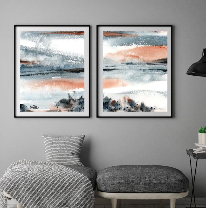 Abstract Landscape 2 Print Set in Blue and Peach Gallery Wall - Etsy