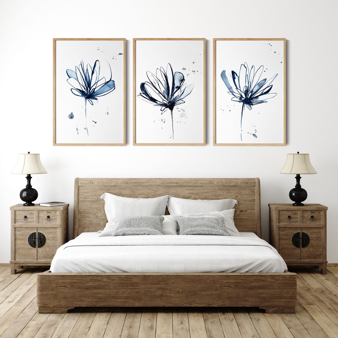 Abstract Minimalist Blue Flowers 3 Art Prints Set Inky Blue Floral ...
