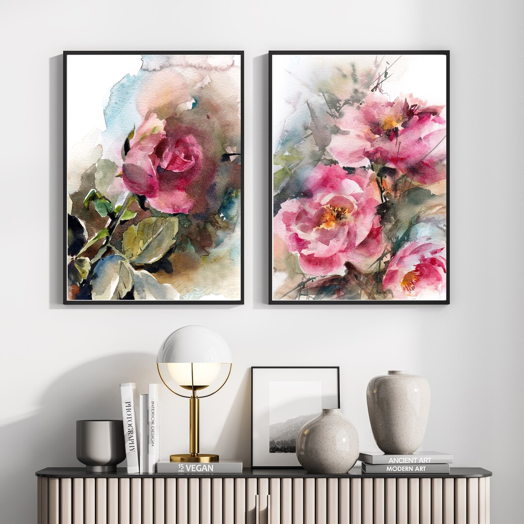 Pink Wall Prints Set, Roses Peonies Wall Art, Set of 2 Floral Wall Arts ...