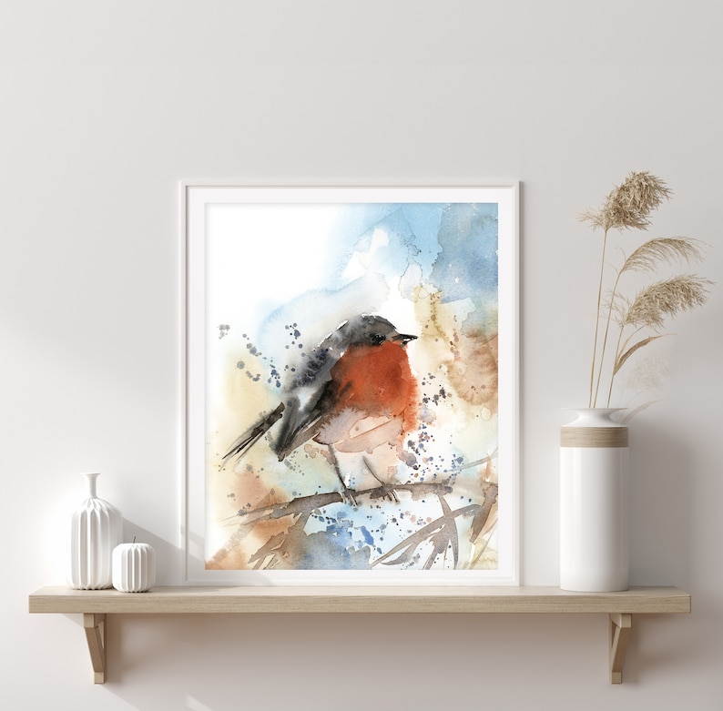 Robin Bird Fine Art Print, Bird Blue Orange Watercolor Painting by ...