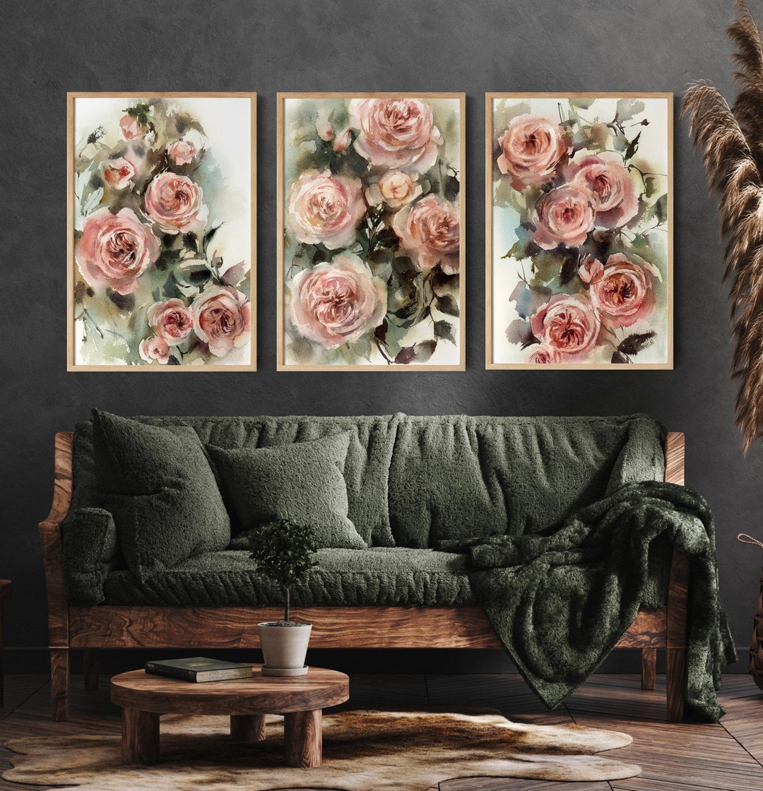 Pink Green Roses 3 Fine Art Prints, Flowers Watercolor Paintings, Pink ...