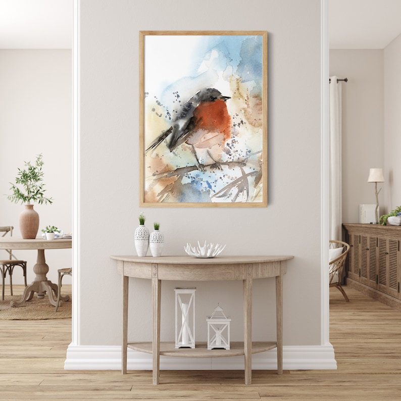 Robin Bird Fine Art Print, Bird Blue Orange Watercolor Painting by ...