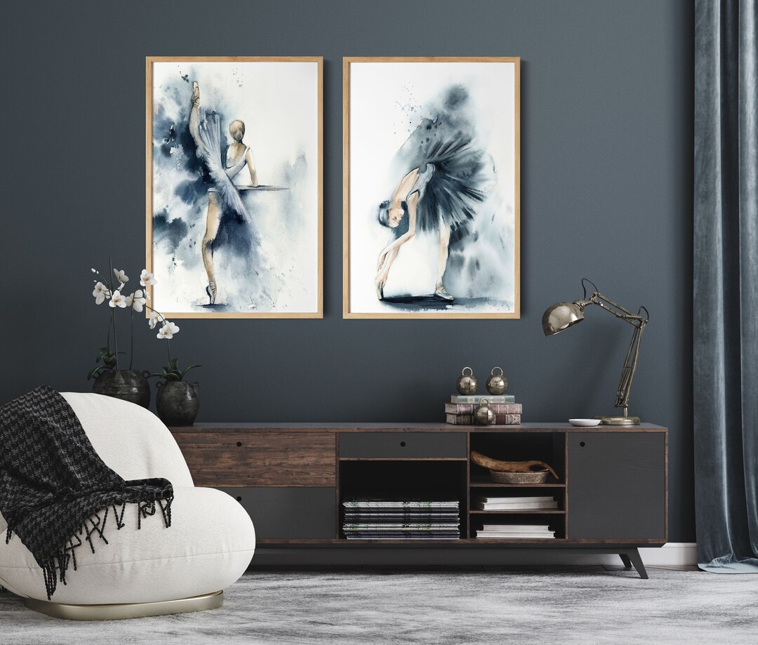 Set of 2 Ballet Art Prints, Ballerina Watercolor Painting Print, Blue ...