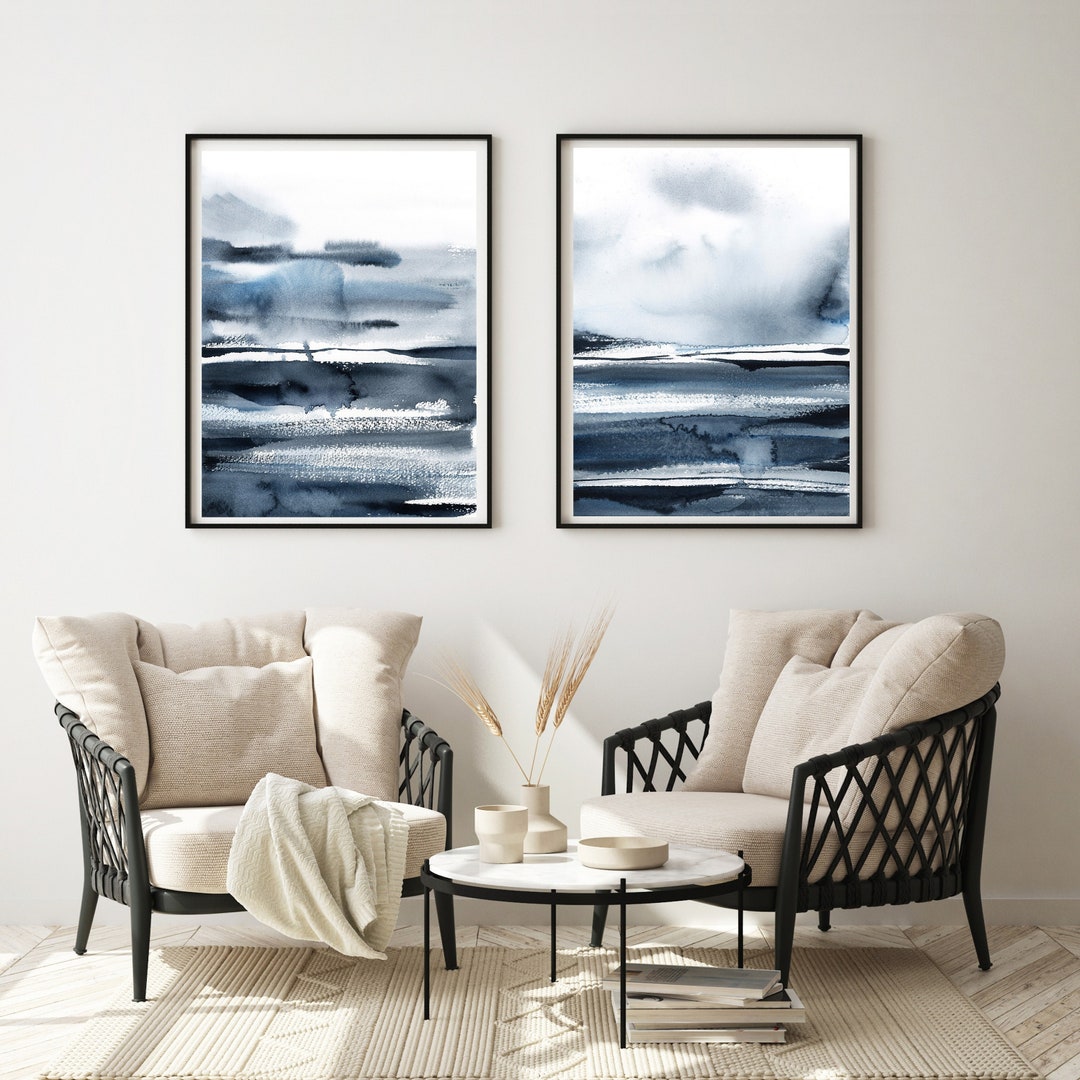 Abstract Blue Wall Prints Set, 2 Fine Art Prints, Watercolor Prints ...