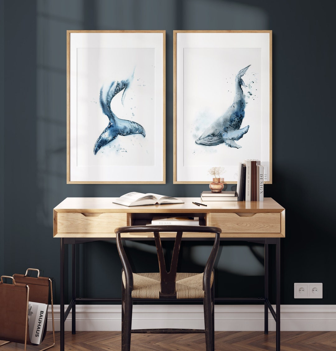 Whale Watercolor Paintings, Gallery Wall 2 Prints Set, Blue Whales ...