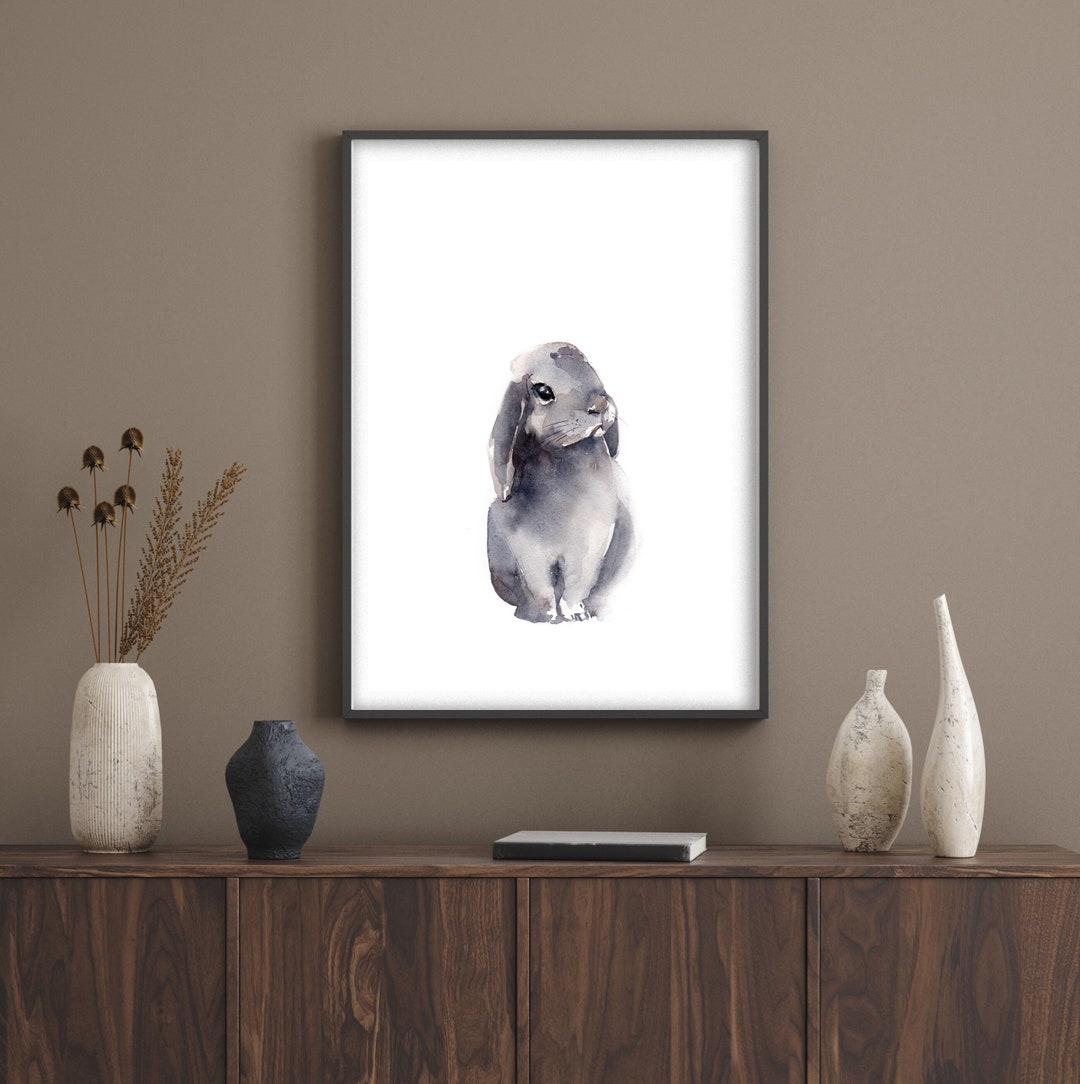 Cute Bunny Wall Print, Bunny Painting, Watercolor Print, Little Grey ...