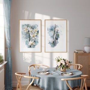 Spring Flowers Painting, 2 Wall Prints Set, Floral Aqua Blue Wall Decor ...