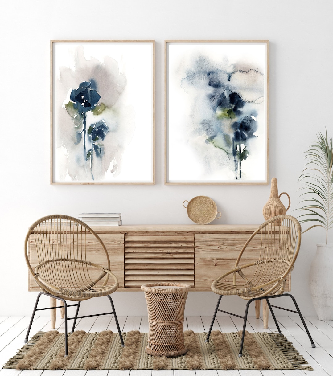 Abstract Floral Painting, Blue Flower Prints, Contemporary Art, Set of ...