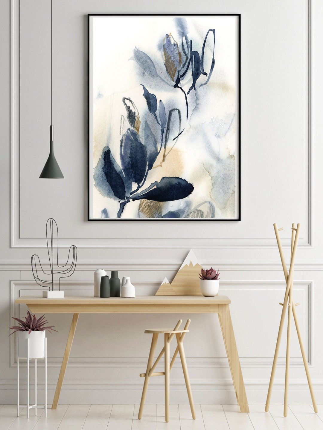 Abstract Leaves Blue Print, Botanical Living Room Decor, Fine Art Print ...