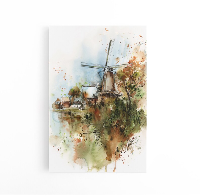 Windmill Watercolor Painting Travel Landscape Painting - Etsy