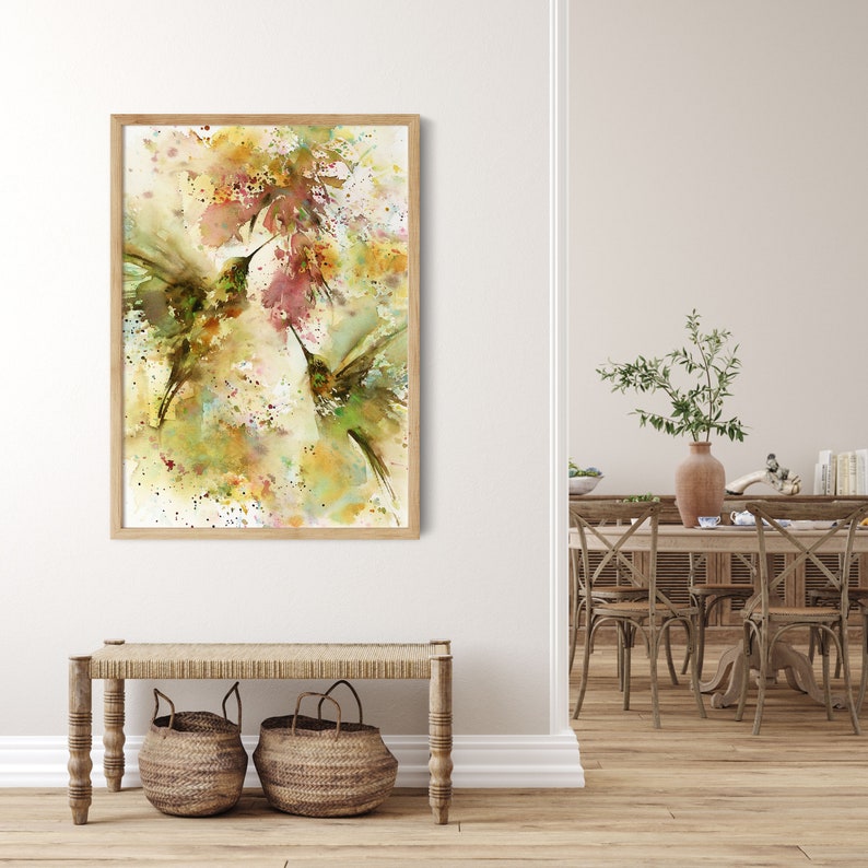 Colibríes en tonos verdes y rosas: lámina artística para decoración de ...