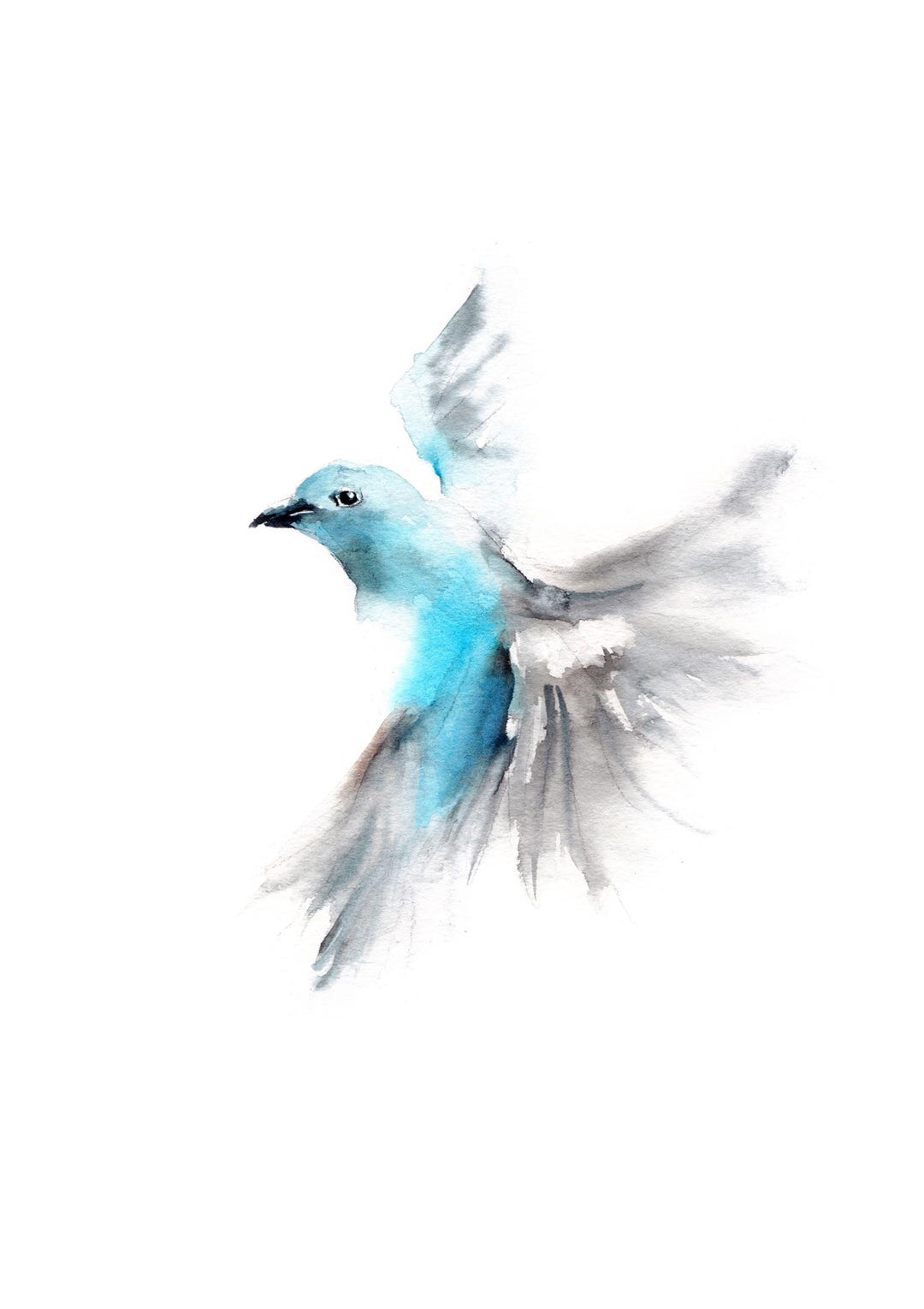 Flying Bird Fine Art Print, Bird Watercolor Print, Sky Blue Bird ...
