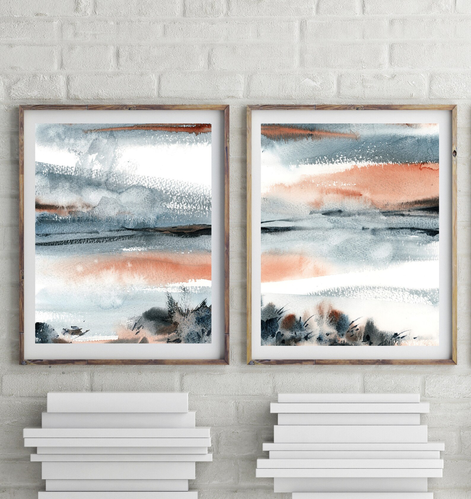 Abstract Landscape 2 Print Set in Blue and Peach Gallery Wall - Etsy