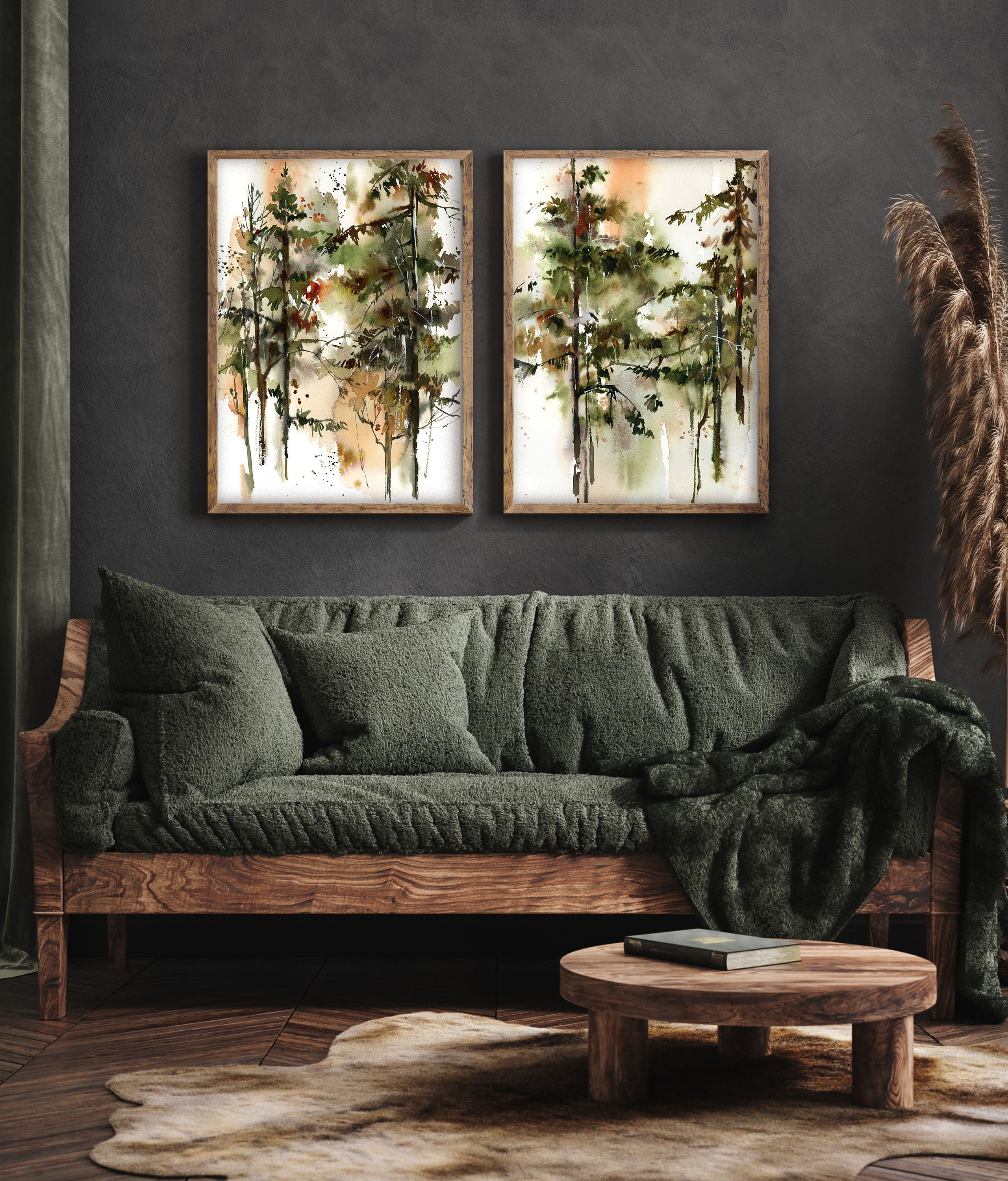 Pine Trees Art Prints 2 Set, Forest Nature Watercolor Paintings ...