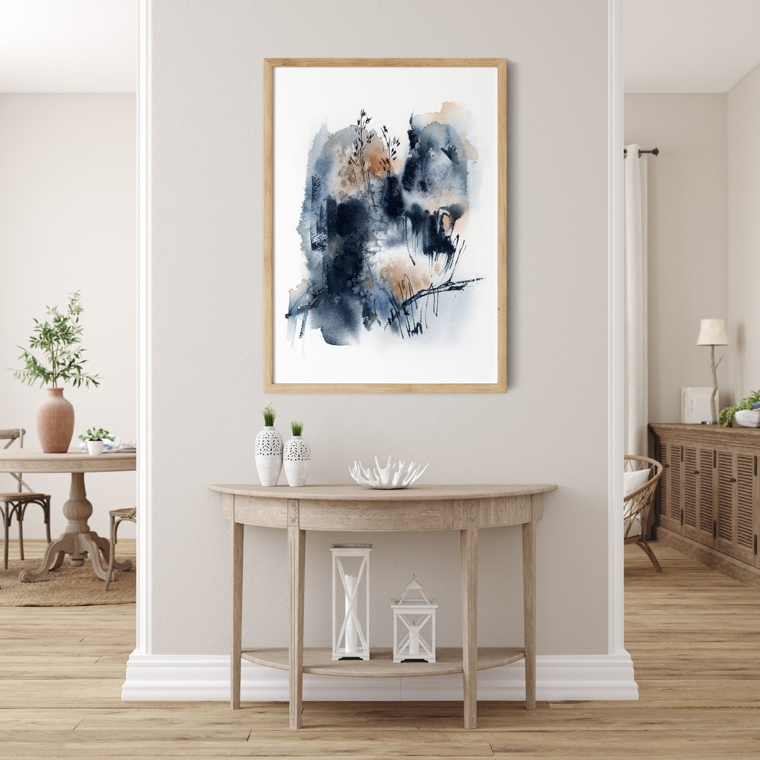 Large Blue Abstract Wall Art Print, Watercolor Flowers, Abstract Floral ...