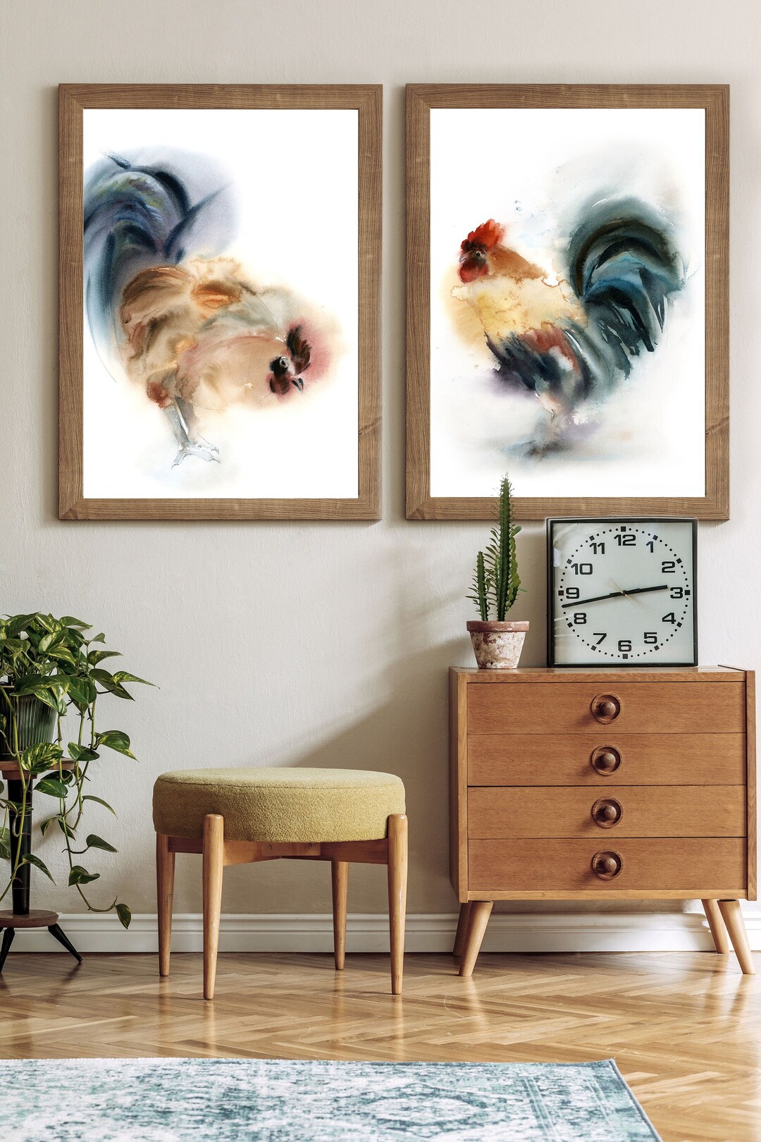 Cockerel Gallery Wall Set of 2 Fine Art Prints, Cockerel Watercolor ...