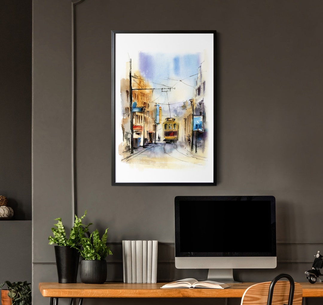 Portugal Cityscape Painting, Lisbon Tram Print, Travel Art, Watercolor ...