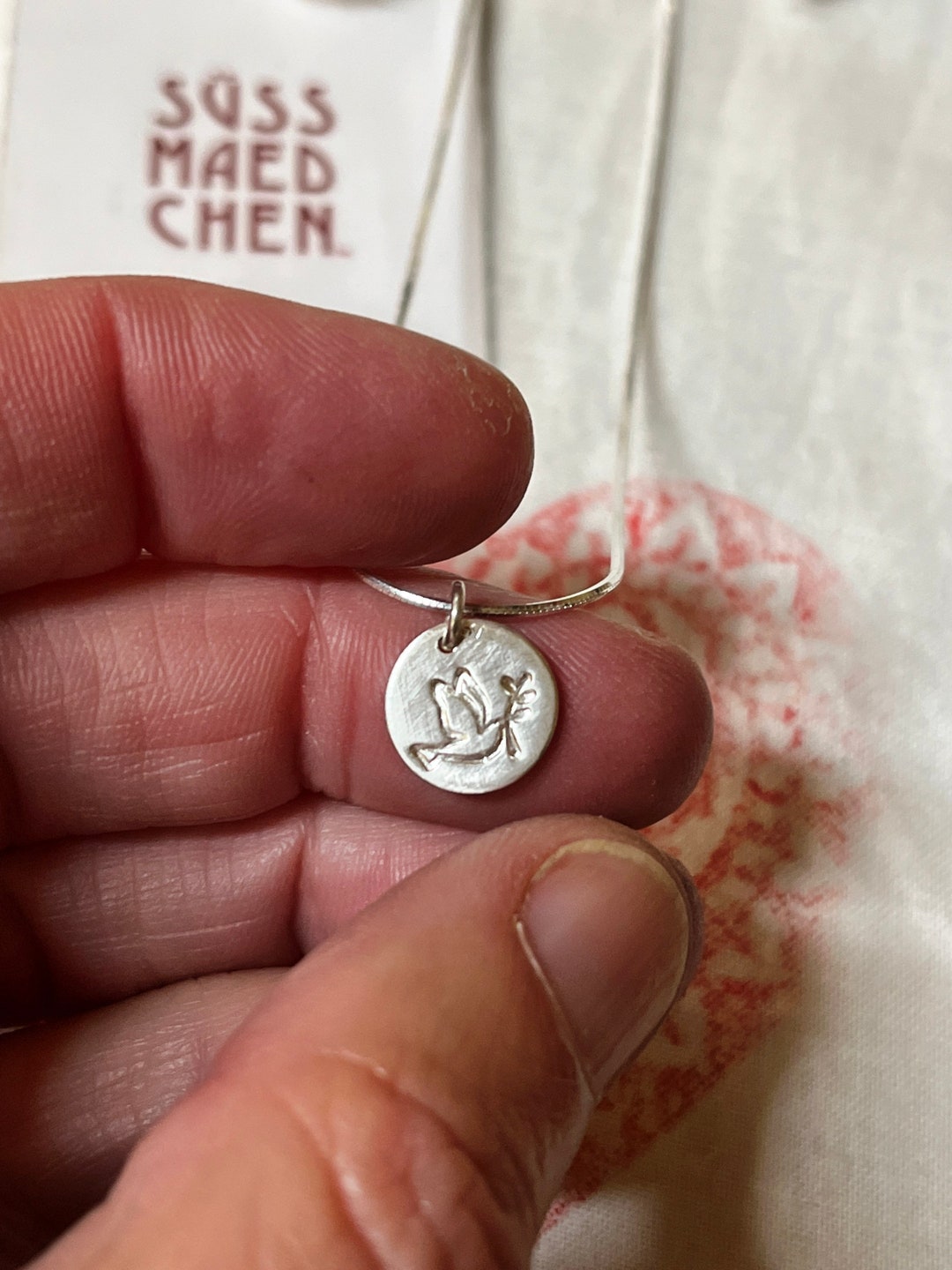 Dove Chain Necklace Paix Pendant Hand Stamped Peace Symbol Dove Silver ...