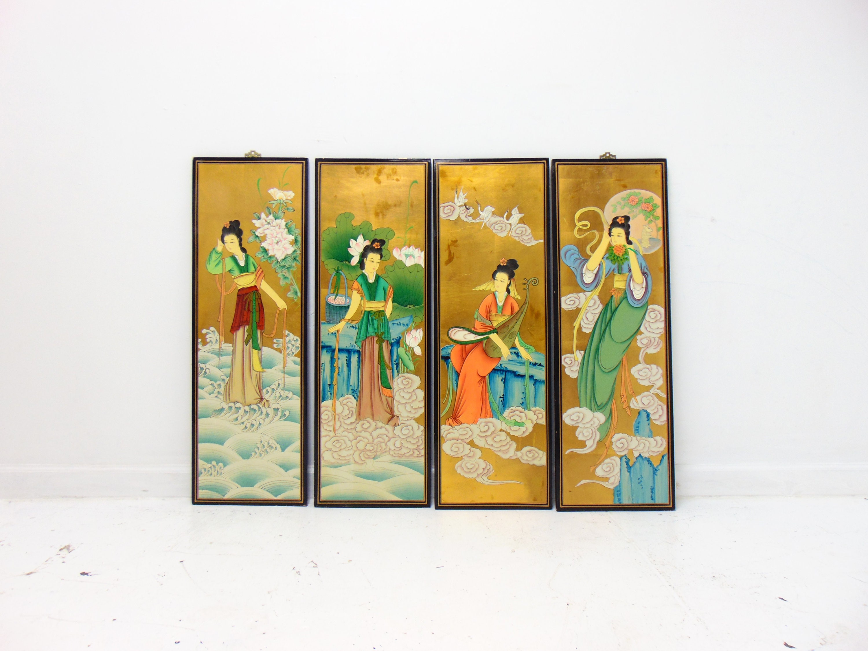 Hand Painted Vintage Asian 4 Panel Art - Chinese Wall Plaques With Gold ...