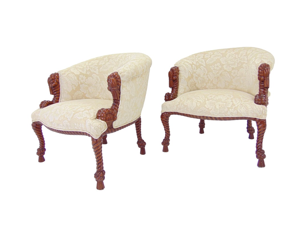 Pair of Napoleon III Style Rope and Tassel Carved Wood Round Back ...