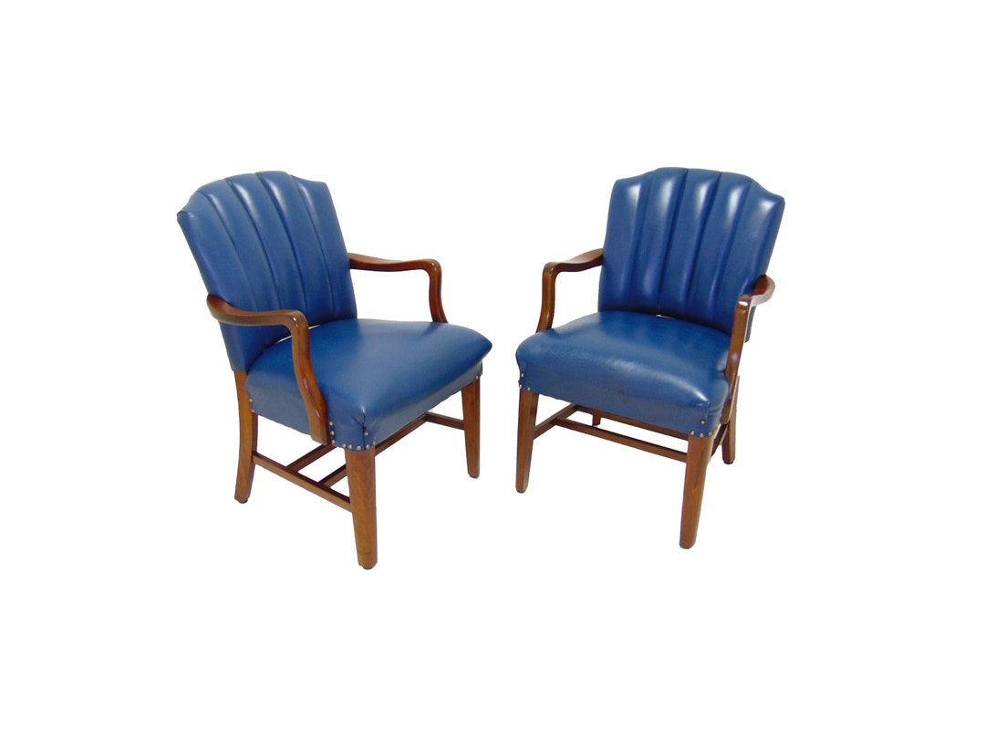 Vintage Mahogany and Blue Leather Channel Back Armchairs - Etsy