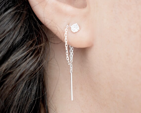 Double Piercing Earring 3in1 Prong Set CZ Diamond Stud | Etsy