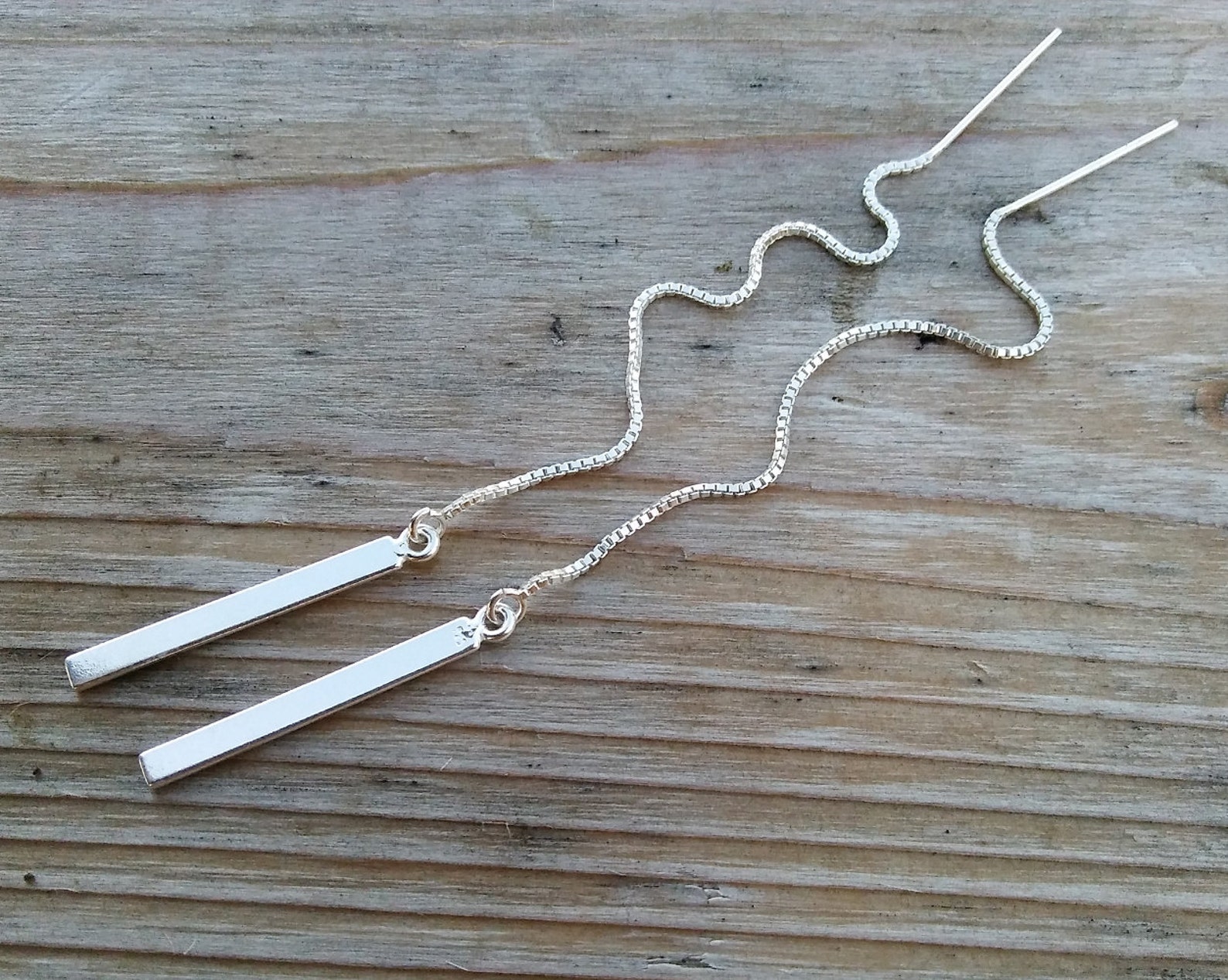 Bar Threader Earrings Sterling Silver Chain Dangle Earrings | Etsy