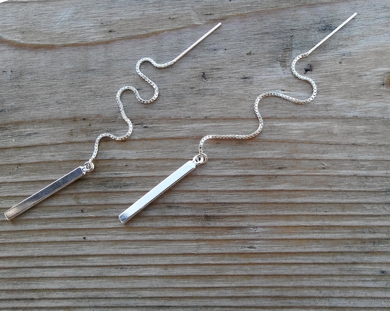 Bar Threader Earrings Sterling Silver Chain Dangle Earrings | Etsy