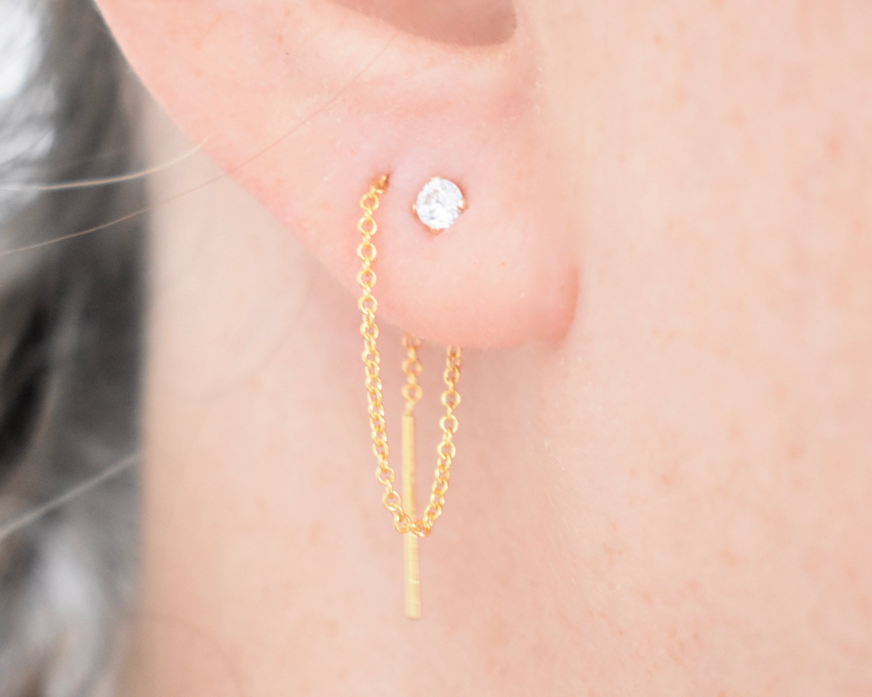 Double Piercing Earring 3in1 Prong Set CZ Diamond Stud | Etsy