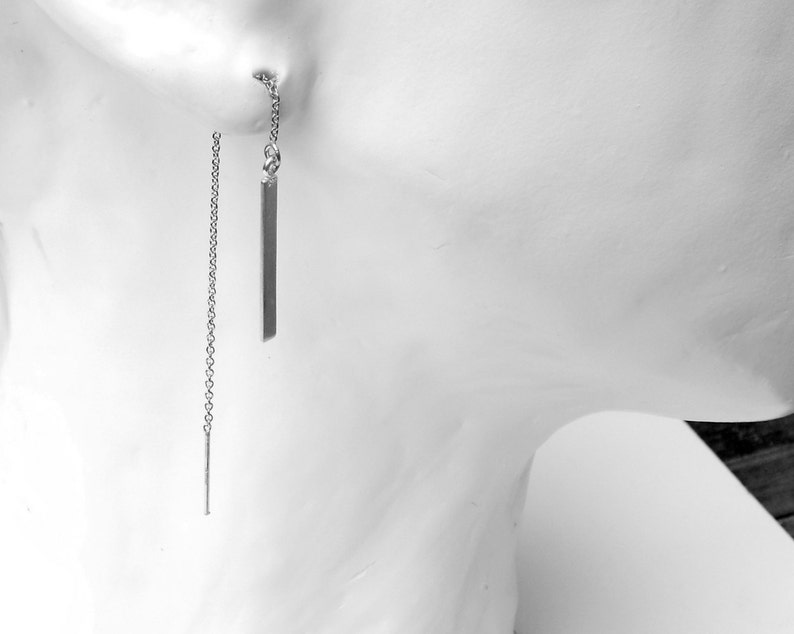 Bar Threader Earrings Sterling Silver Chain Dangle Earrings - Etsy