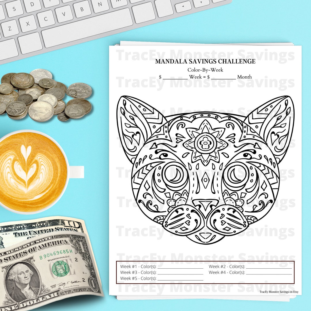 CAT Mandala Color by Week Money Savings Challenge Tracker | Money ...