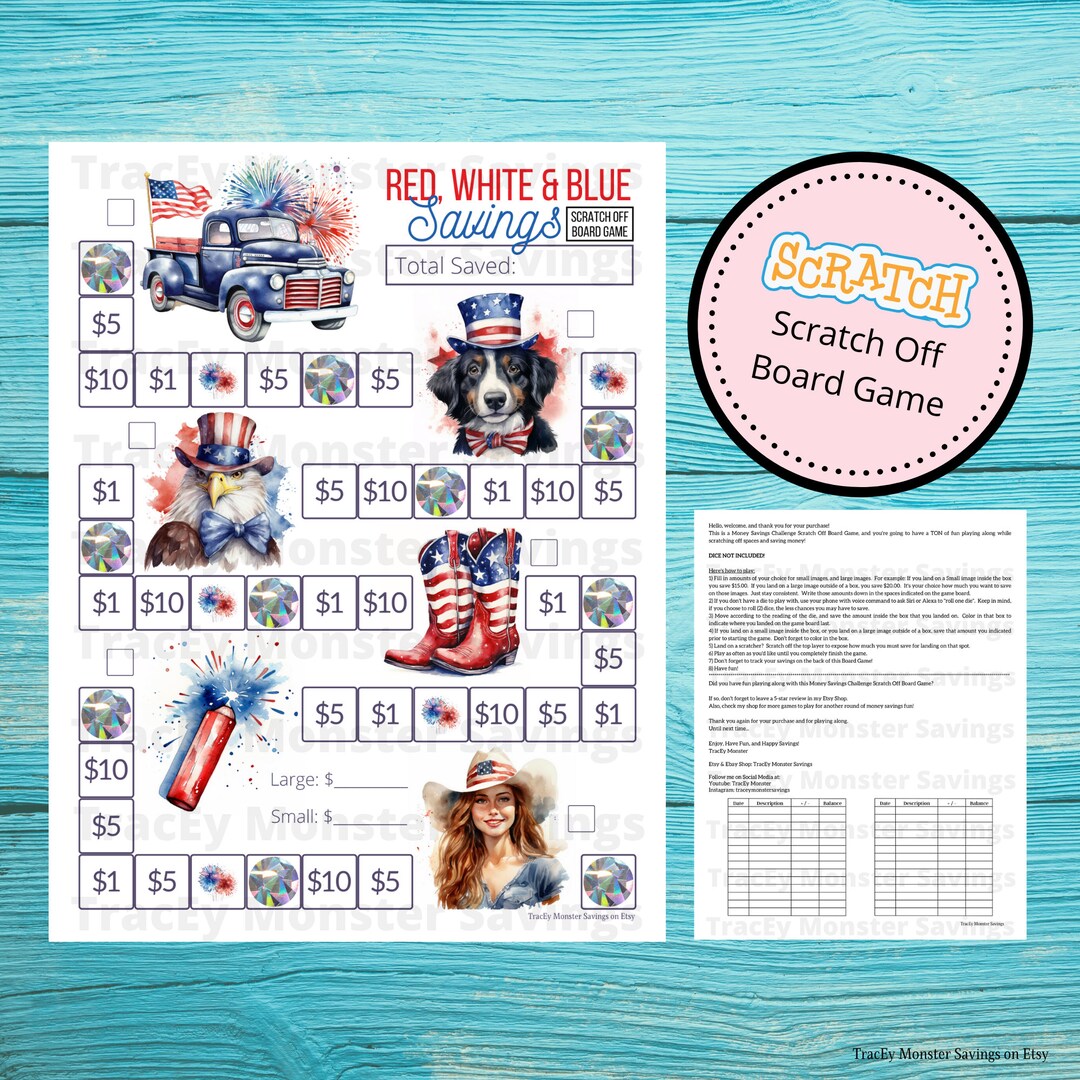 Red White & Blue Savings Scratch off Board Game Challenge Tracker ...