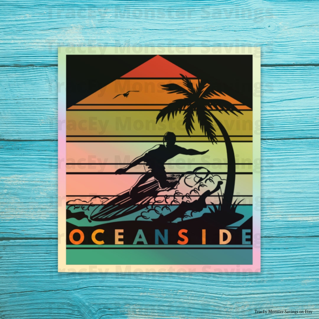 Oceanside California Holographic Vinyl Square 3" Sticker | Rainbow ...