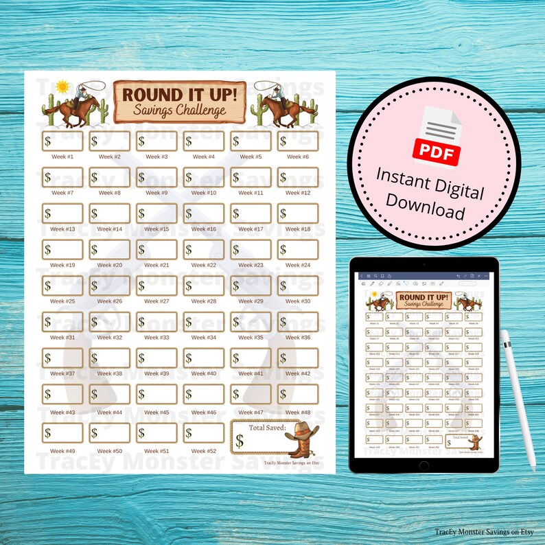 Round It up Savings Challenge Tracker Cowboy Instant - Etsy