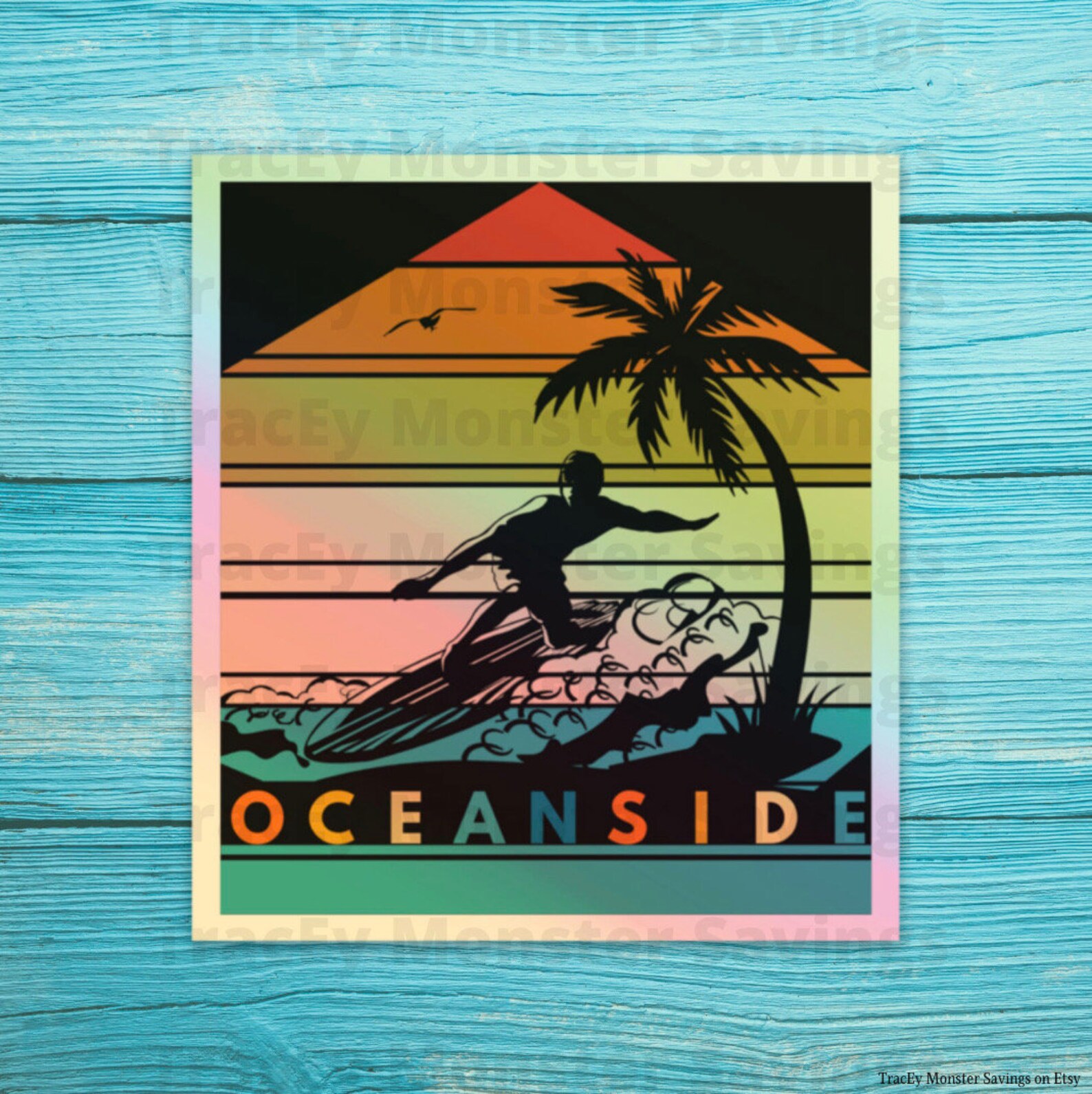 Oceanside California Holographic Vinyl Square 3" Sticker | Rainbow ...