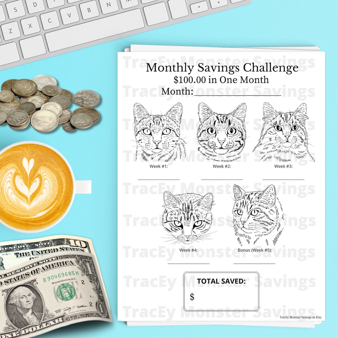 Monthly Savings Challenge Tracker - Cats | Cat | Money Saving Challenge ...
