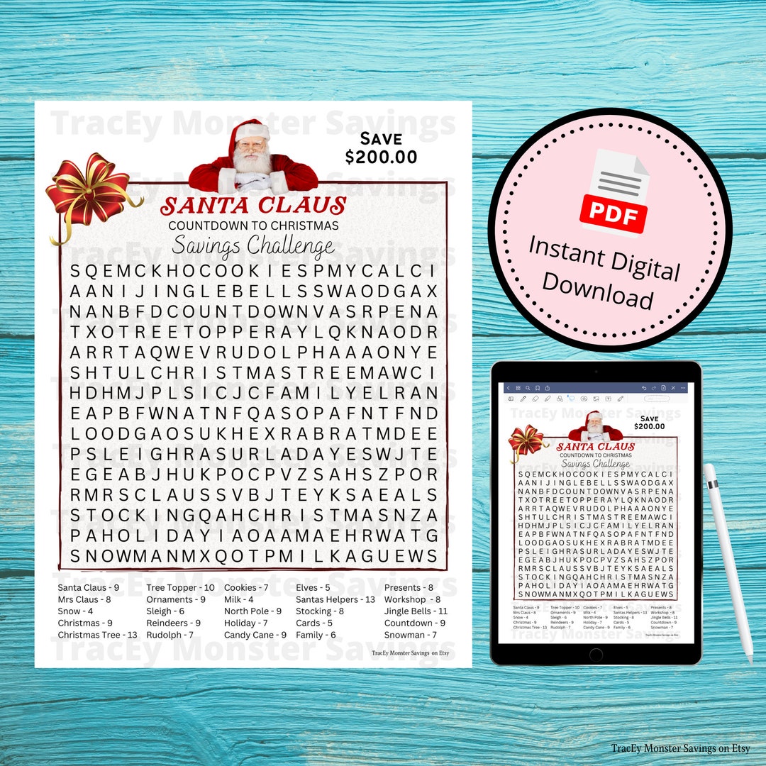 Santa Claus Countdown to Christmas Savings Challenge | Word Search ...